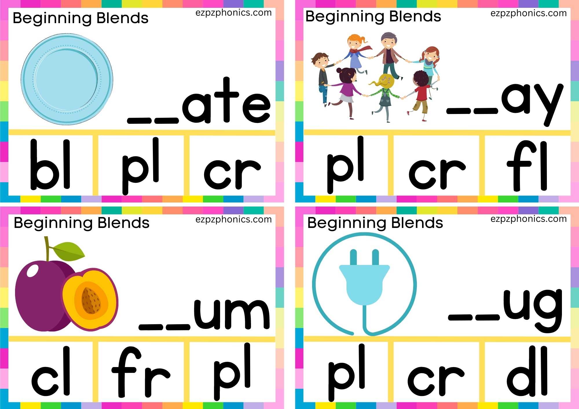 PL Beginning Blends Clip Cards Finish The Words And Clip The Correct Letters Set 1 - ezpzphonics.com